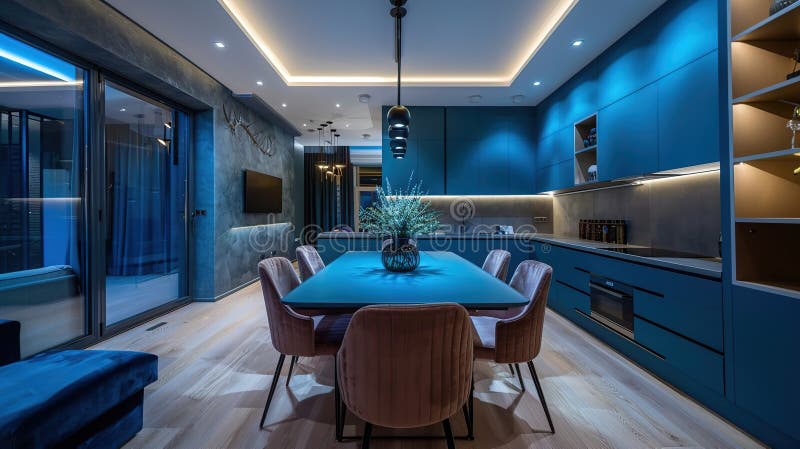 Interior Design of Spacious Blue Dining Room with Table and Chairs in ...