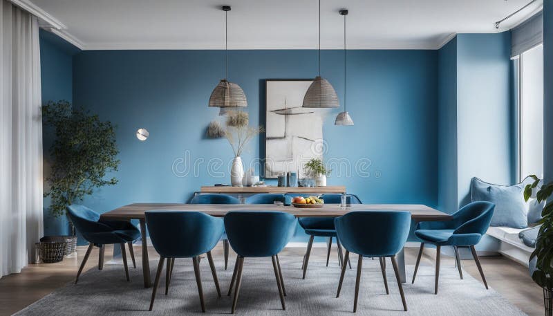 Interior Design of Spacious Blue Dining Room with Table and Chairs in ...