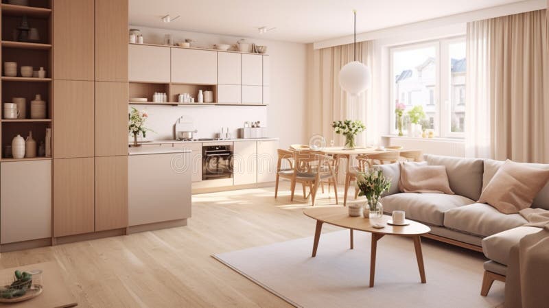 Interior Design Spacious Bright Studio Apartment and Warm Pastel White ...