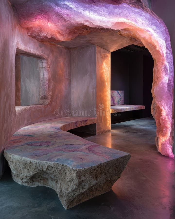 Interior Design with Stone Benches and Illuminated Archway. Stock ...