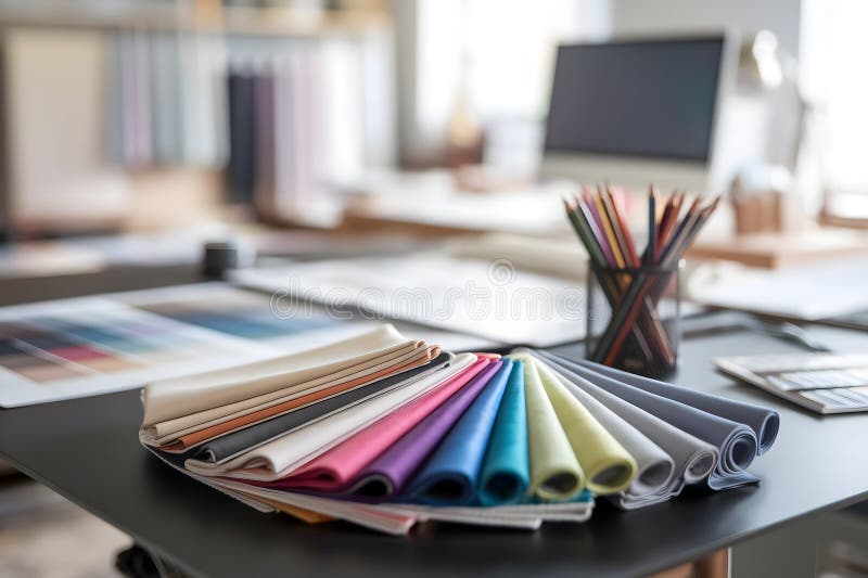 Fabric Swatches on Table in Design Studio, Pencils and Monitor Nearby ...
