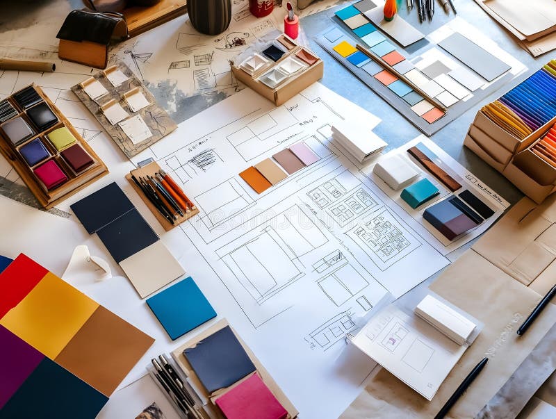 Interior Design Studio, Work in Progress, Samples and Sketches Stock ...