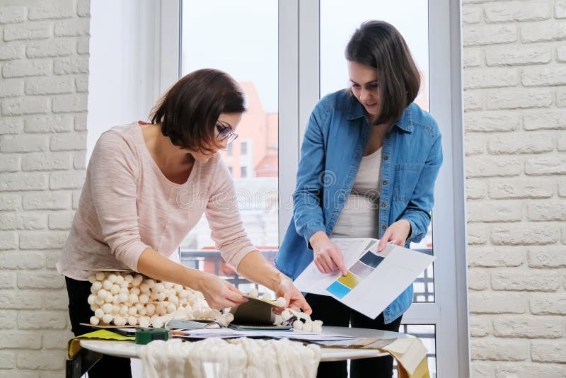 Interior Design, Two Working Colleagues Designers, or Decorator and ...