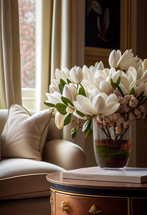 Interior Design with a Vase and Magnolia Flowers on the Table. Elements ...