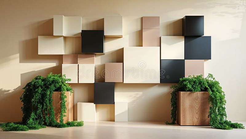 Geometric Shelf Wall with Indoor Plants – AI Interior Design Stock ...
