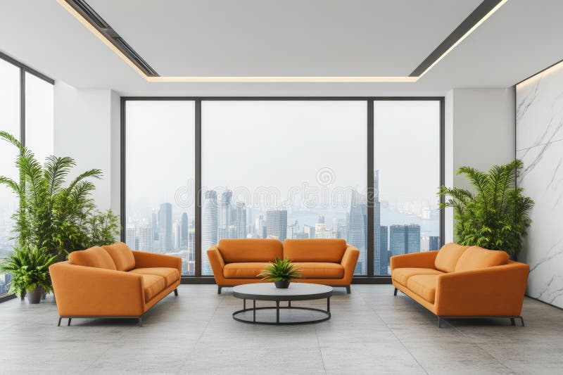 An Interior Design of a Wood Office with a Waiting Area and Panoramic ...