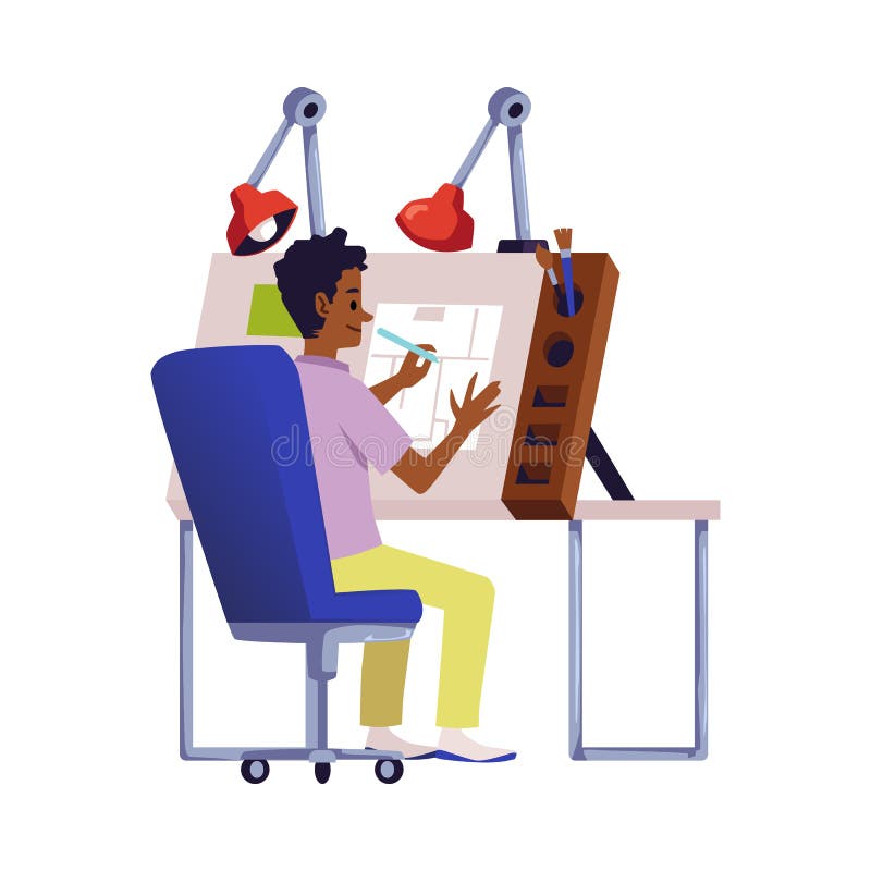 Interior Designer or Architect Making a Blueprint, Vector Illustration ...