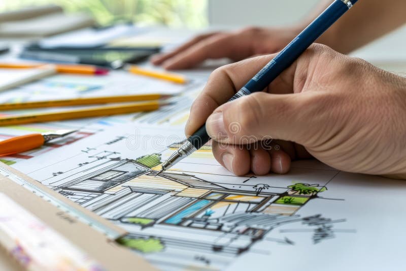 Interior Designer or Architect, Sketching or Drawing on Desk at Home ...