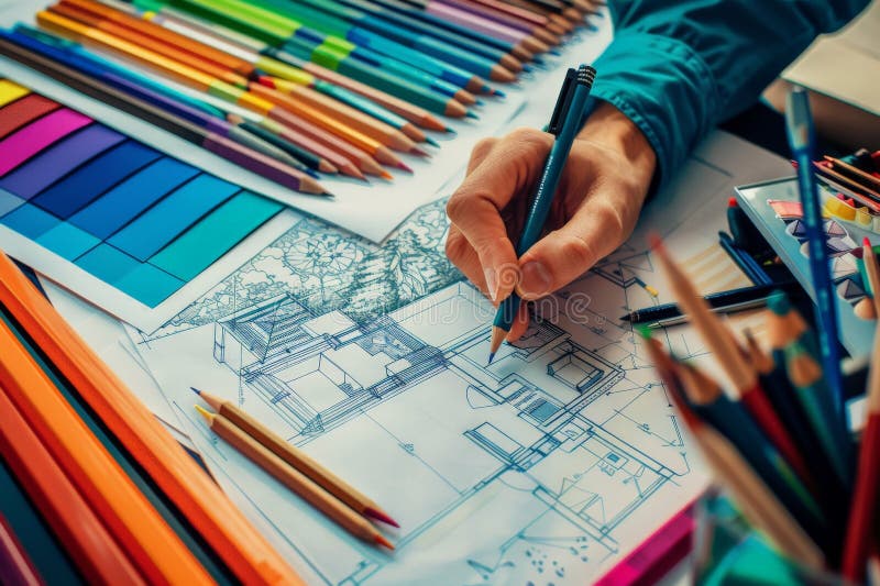 Interior Designer or Architect, Sketching or Drawing on Desk at Home ...