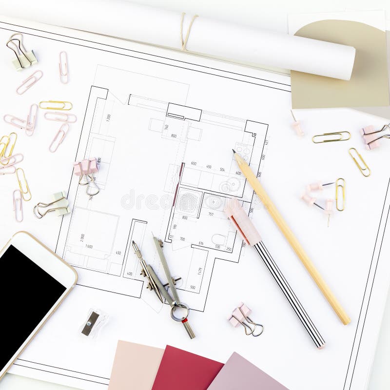 Interior Designer Table Workplace with House Plan Stock Image - Image ...