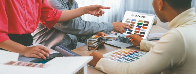 Interior Designer Team Presents Color Selection by Using Laptop ...