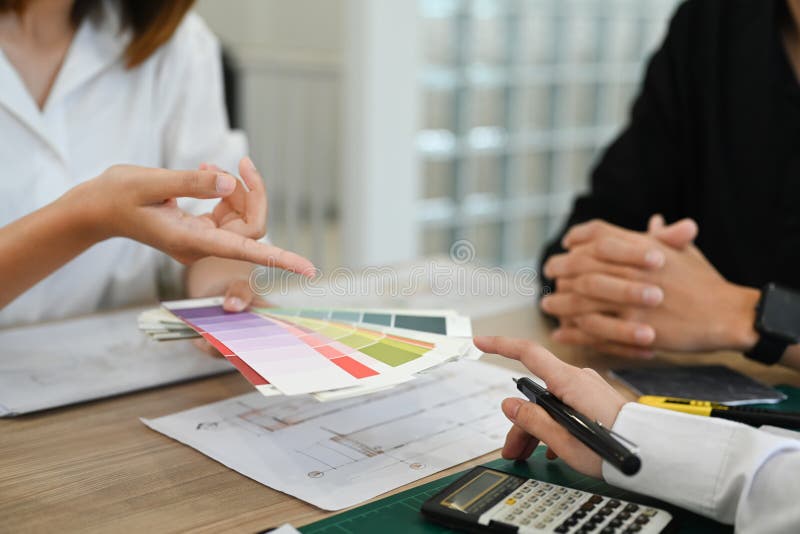 Interior Designer Team Selecting Colors for Building and Planning ...