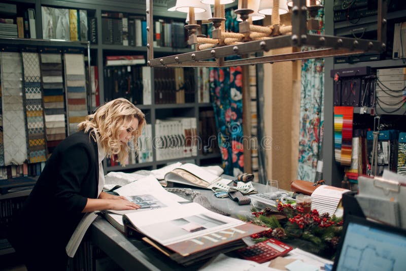 Interior Designer Woman at Work. Design and Interior Decoration Stock ...