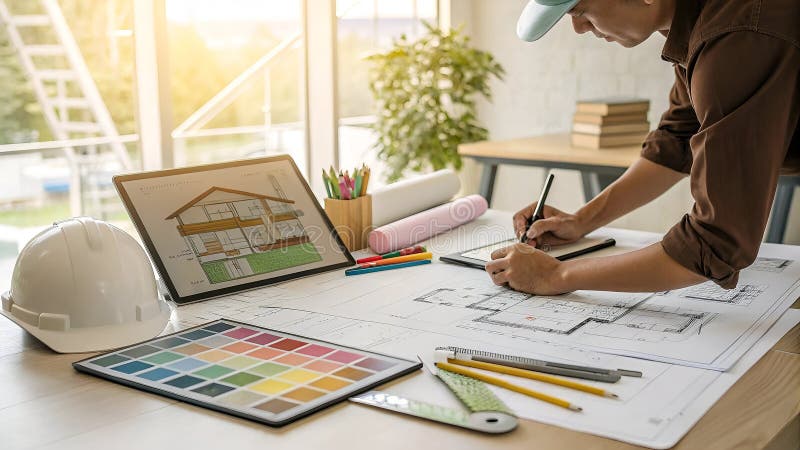 Interior Designer Working on Architectural Project Stock Illustration ...