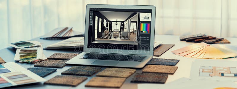 Modern Interior Design Office with Laptop and Colorful Board Materials ...