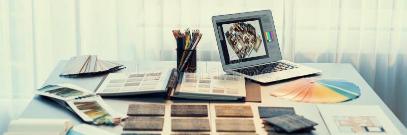 Modern Interior Design Office with Laptop and Colorful Board Materials ...