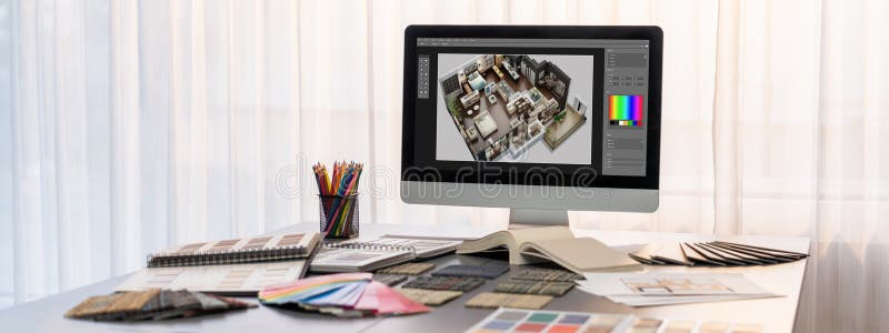 Modern Interior Design Office with Laptop and Colorful Board Materials ...