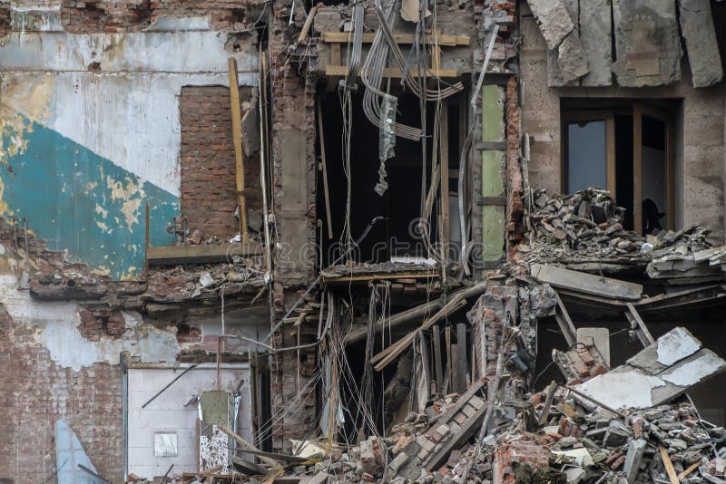 The Interior Of A Destroyed Building With A Pile Of Concrete Rubble And ...