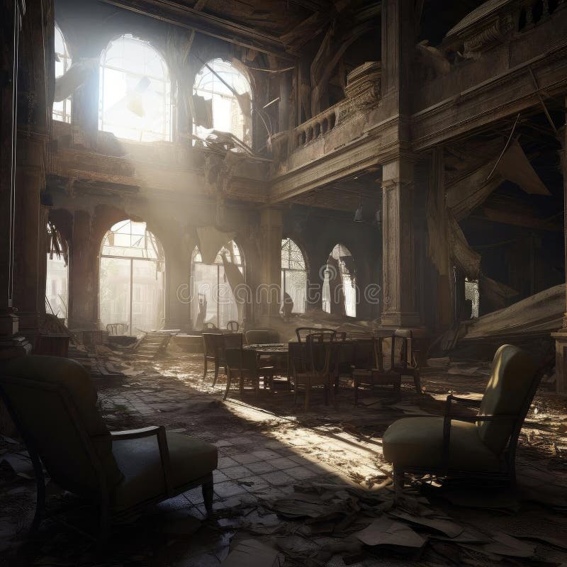 Interior of an Destroyed Hotel in the Light of a Morning Sun - War ...