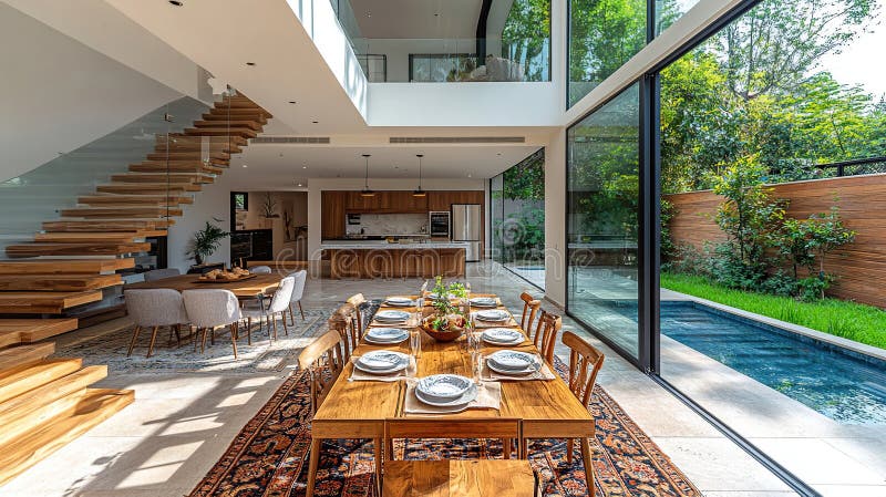 Interior Dining Room, Open Kitchen, Stairs, Pool View, Home Design Use ...