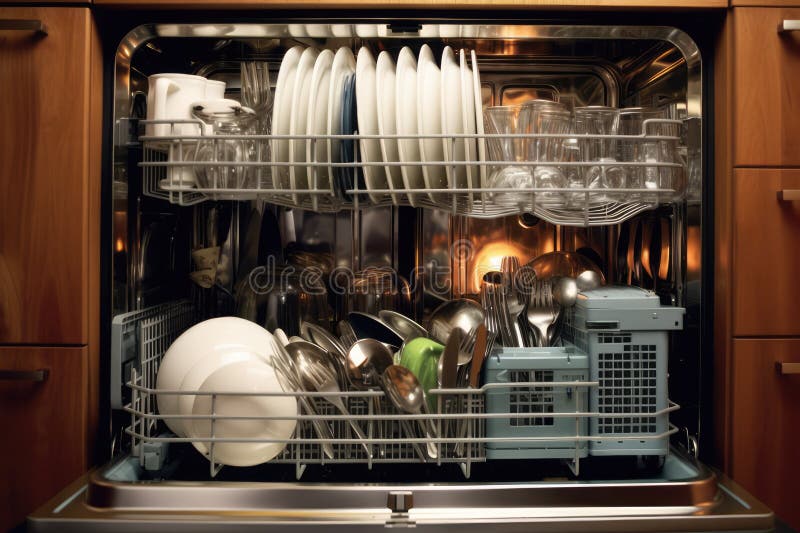 Interior of Dishwasher Packed with Dishes with Door Open, Created Using ...