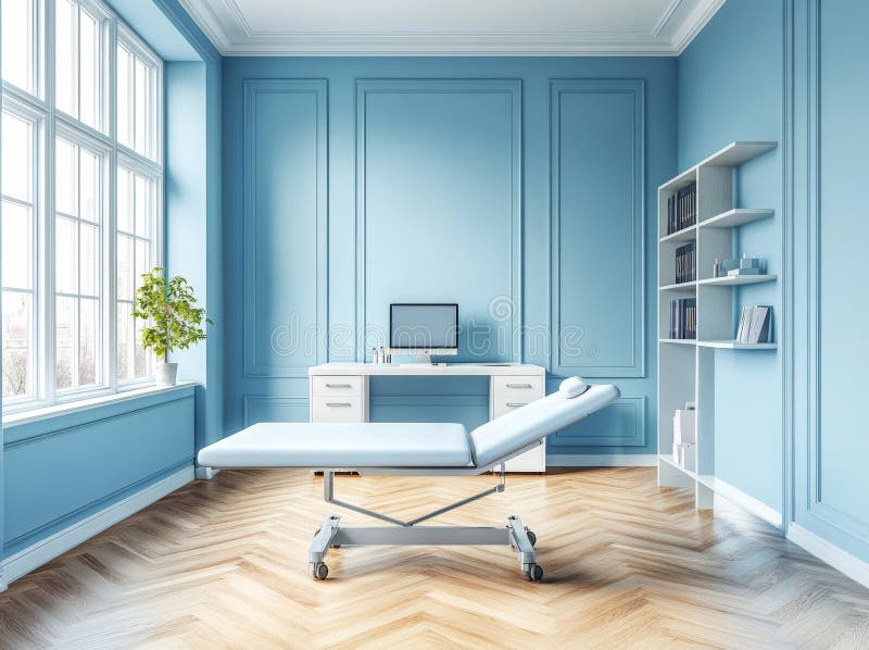The Interior of a Doctor S Office is Blue with an Examination Couch and ...