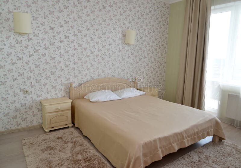 Interior of a Double Hotel Room in Light Tones with a Double Bed Stock ...
