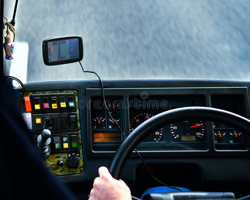 Interior of a Driver Cab of the Bus with a Navigation Stock Image ...