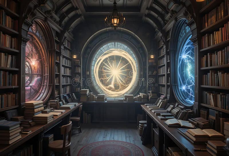 Interior of Elaborate Library with Round Windows Showing Elements Stock ...