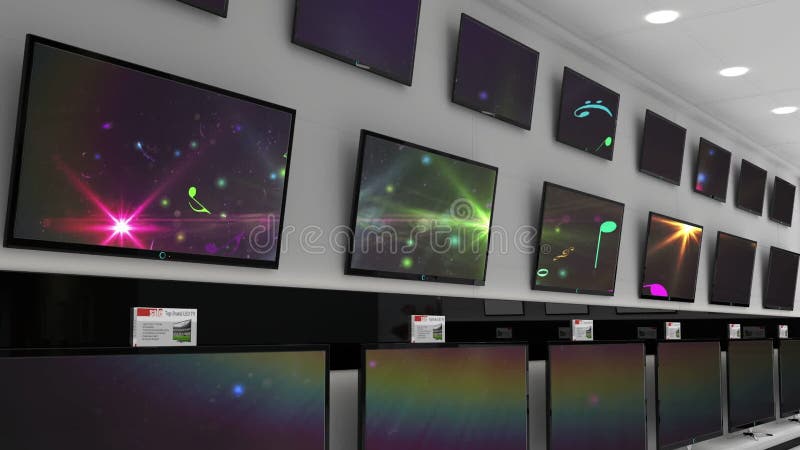 Interior of Electronics Store with Synchronized Video Playing on ...