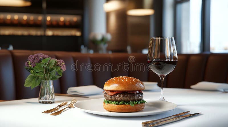 The Interior of an Elegant Restaurant Features a Gourmet Burger Placed ...