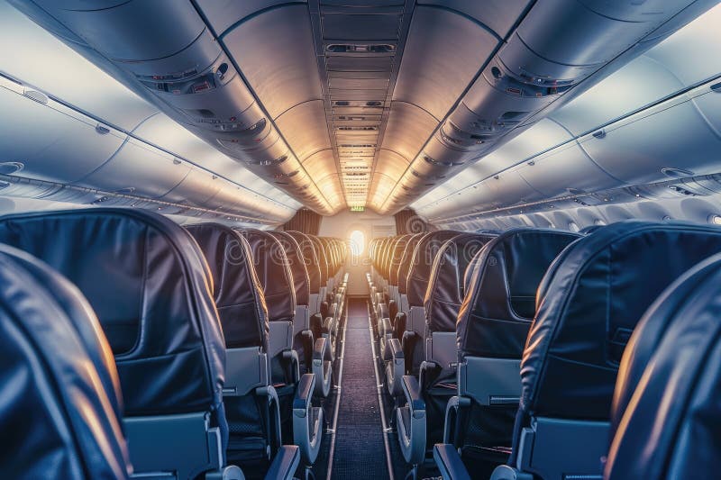 The Interior of an Empty Airplane Cabin, Featuring Rows of Seats Under ...