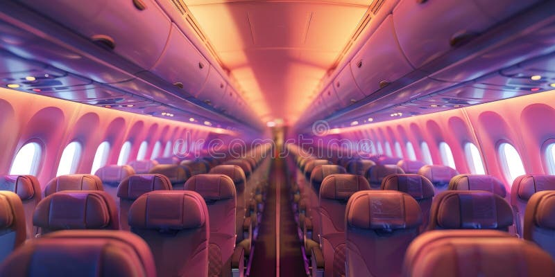 The Interior of an Empty Airplane Cabin, Featuring Rows of Seats Under ...