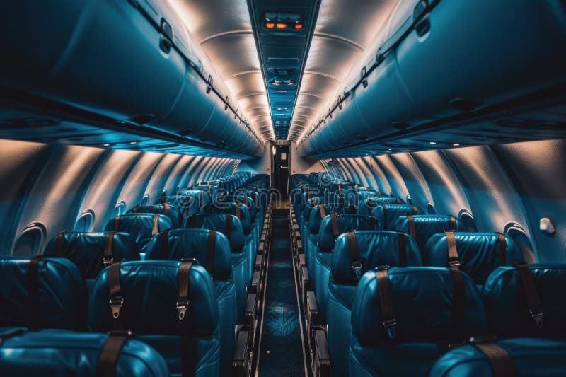 The Interior of an Empty Airplane Cabin, Featuring Rows of Seats Under ...