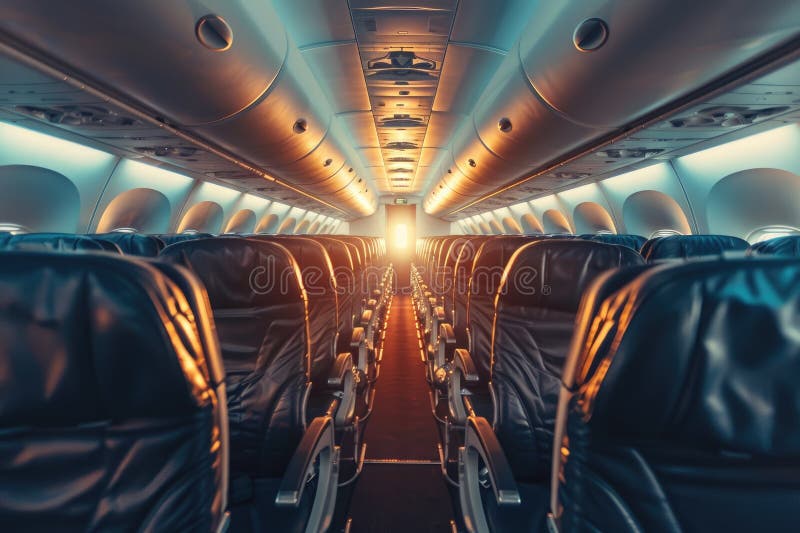 The Interior of an Empty Airplane Cabin, Featuring Rows of Seats Under ...