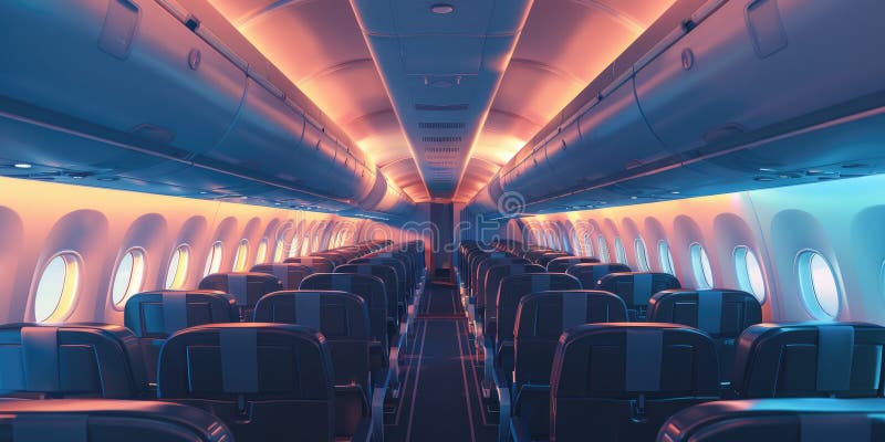 The Interior of an Empty Airplane Cabin, Featuring Rows of Seats Under ...
