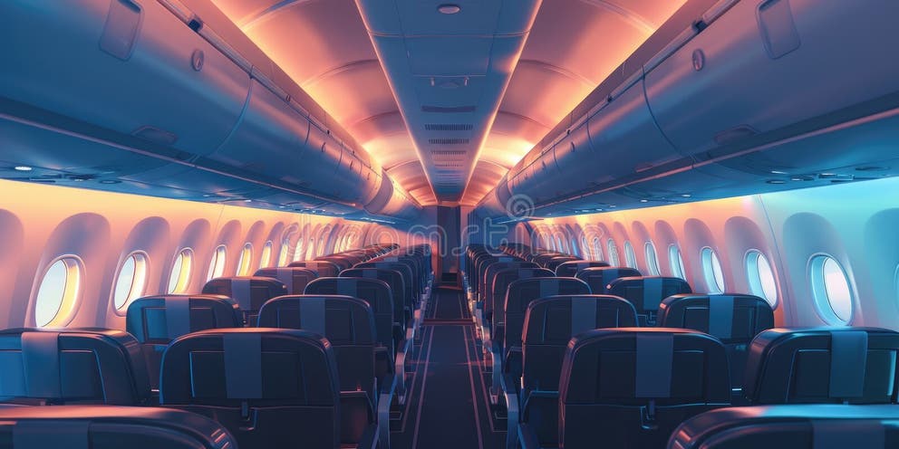 The Interior of an Empty Airplane Cabin, Featuring Rows of Seats Under ...