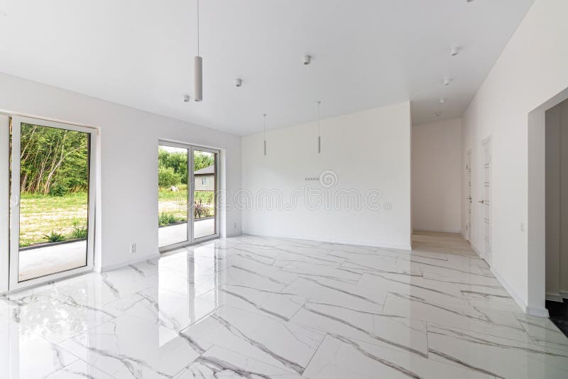 Interior of Empty Apartment, Wide Room with Marble Floor Stock Photo ...