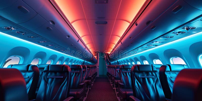 Interior Empty Cabin of a Passenger Civil Aircraft, Illuminated at ...