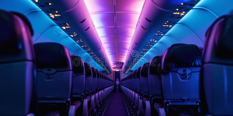 Interior Empty Cabin of a Passenger Civil Aircraft, Illuminated at ...