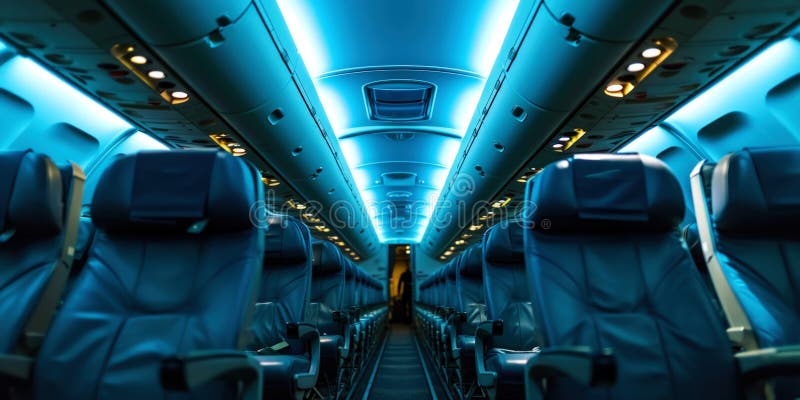 Interior Empty Cabin of a Passenger Civil Aircraft, Illuminated at ...