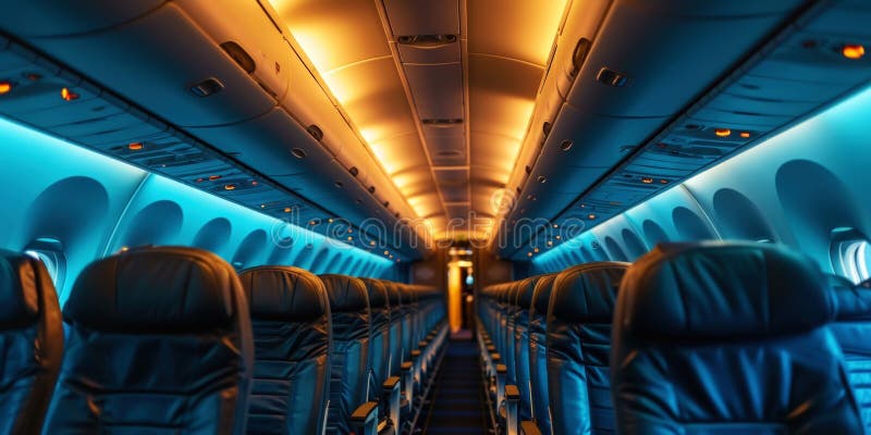 Interior Empty Cabin of a Passenger Civil Aircraft, Illuminated at ...