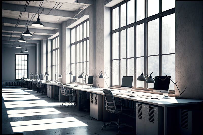 Interior of Empty City Office with Book Racks and Large Computer Desks ...