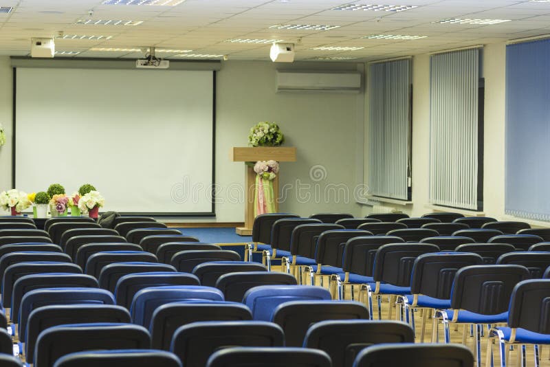Interior of Empty Conference Hall with Lines of Blue Chairs in F Stock ...