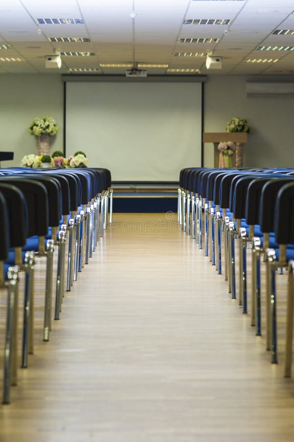 Interior of Empty Conference Hall with Lines of Blue Chairs in F Stock ...