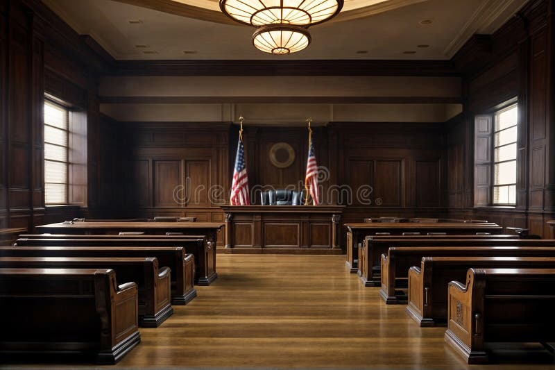Interior of Empty Courthouse Room with Large Desk in the Center. Stock ...
