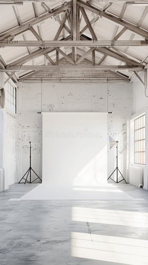 Interior of an Empty Industrial Studio with White Backdrop and Lighting ...