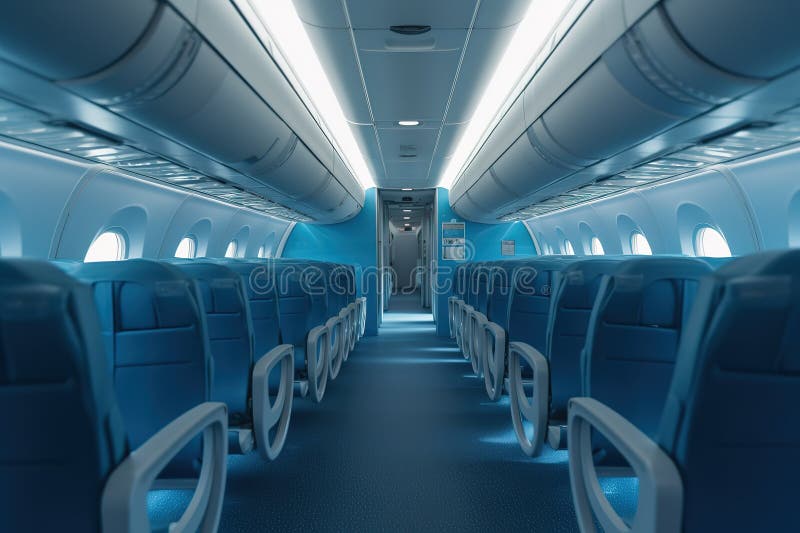Interior of Empty Modern Aircraft with Blue Flight. Generative AI Stock ...