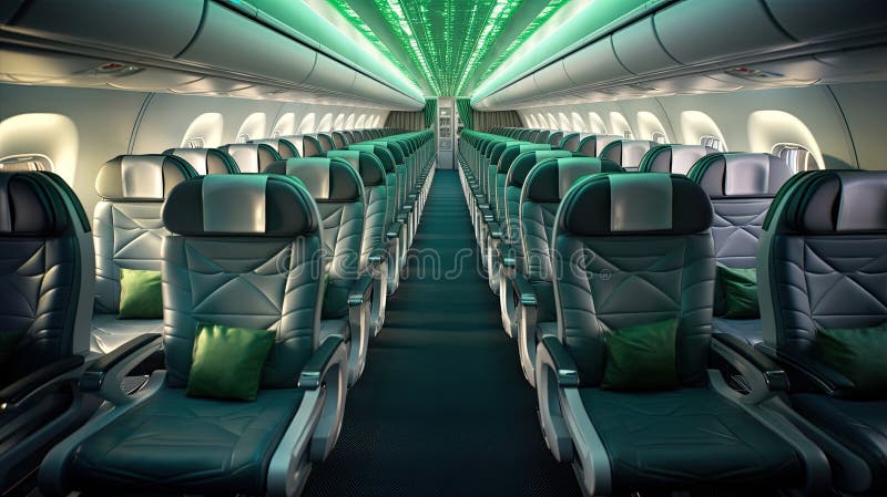 Interior of Empty Modern Aircraft with Blue Flight Seats and Hallway in ...