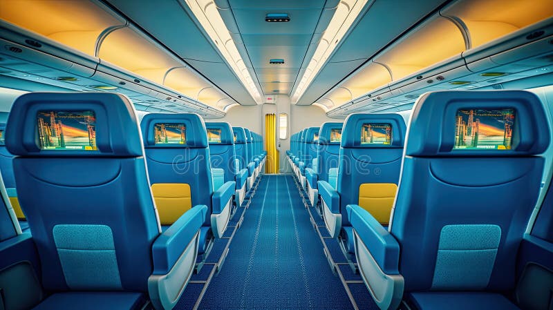 Interior of Empty Modern Aircraft with Blue Flight Seats and Hallway in ...
